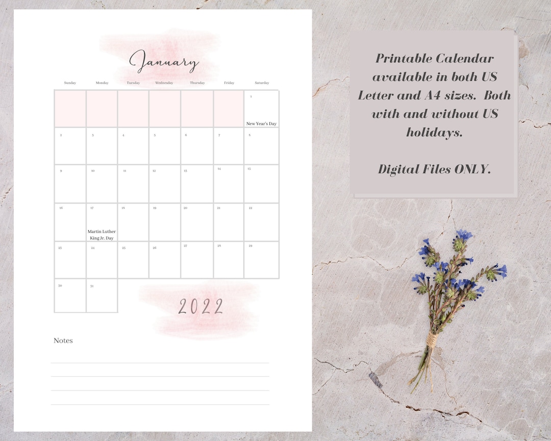 2022 Pink and Gray Printable Calendar - Portrait Format - US Letter and ...