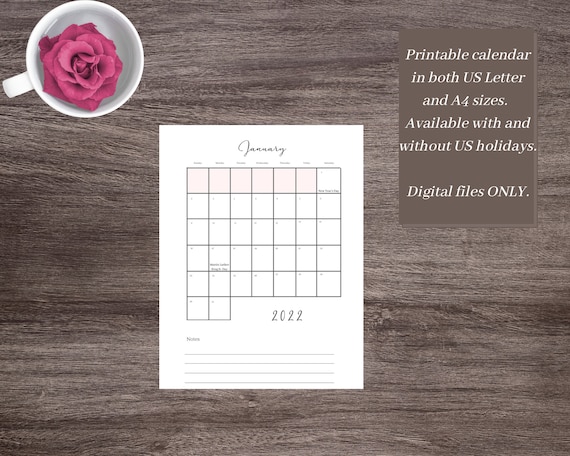 2022 Printable Minimalist Calendar Portrait Format US - Etsy
