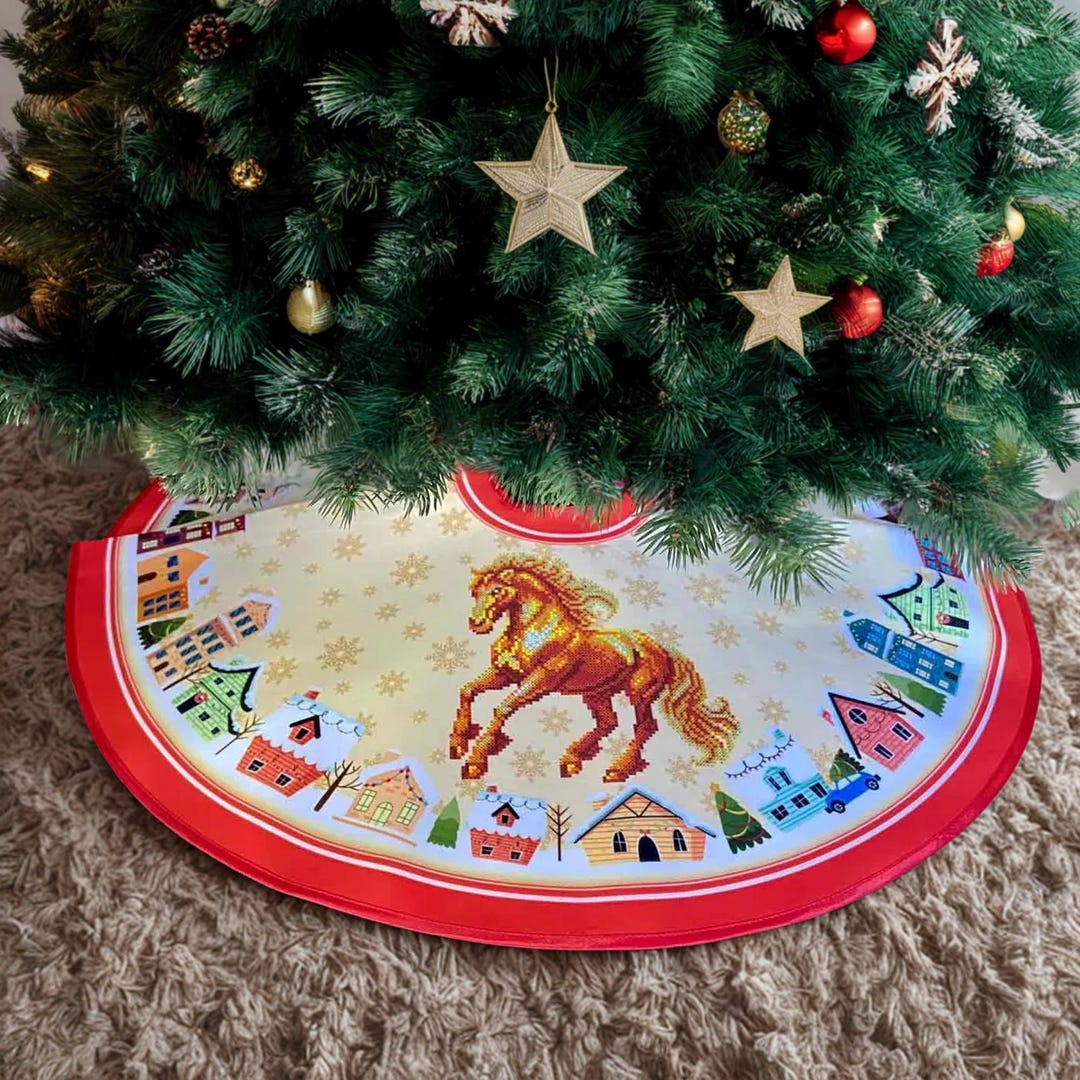 Fire Horse Beaded Tree Skirt Kit, Christmas Embroidery on Gabardine ...