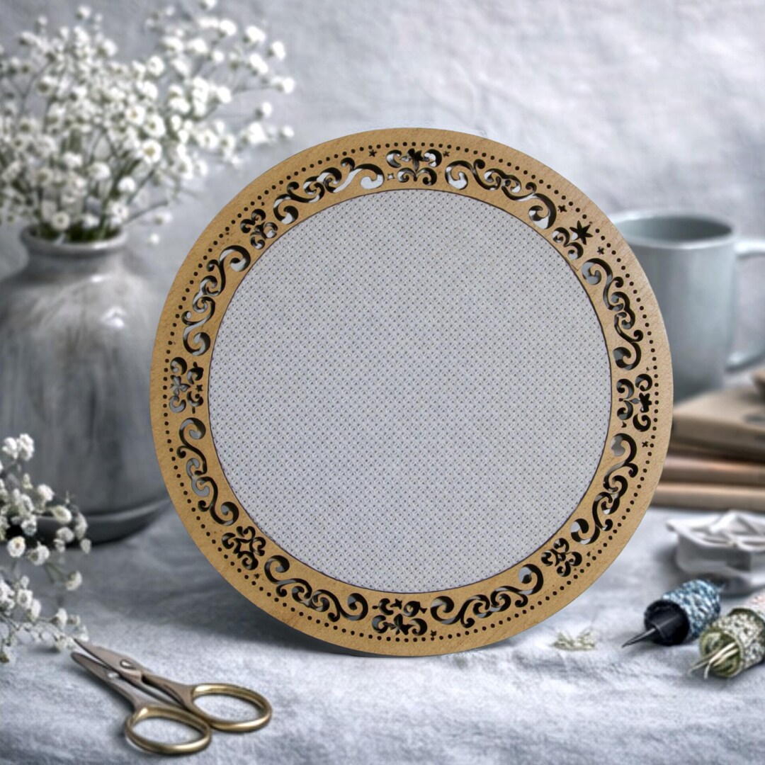 Round Cross Stitch Display Frame With Fabric, Wooden Craft Hoop ...