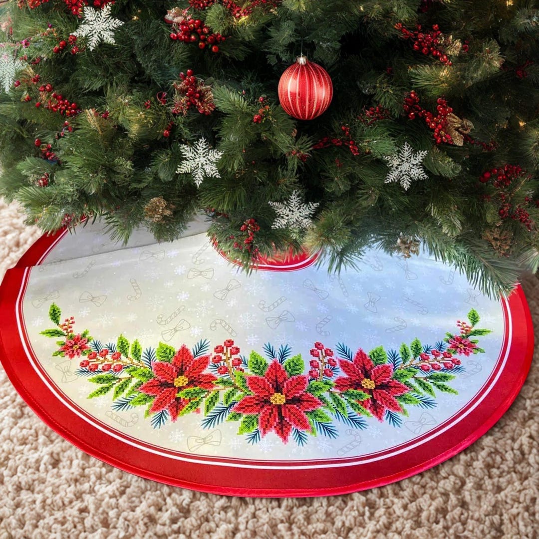 Christmas Flower Beaded Tree Skirt Kit, Poinsettia Gabardine Embroidery ...