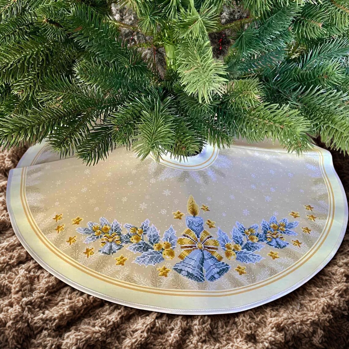 Silver Christmas Bells Beaded Tree Skirt Kit, Gabardine Embroidery ...