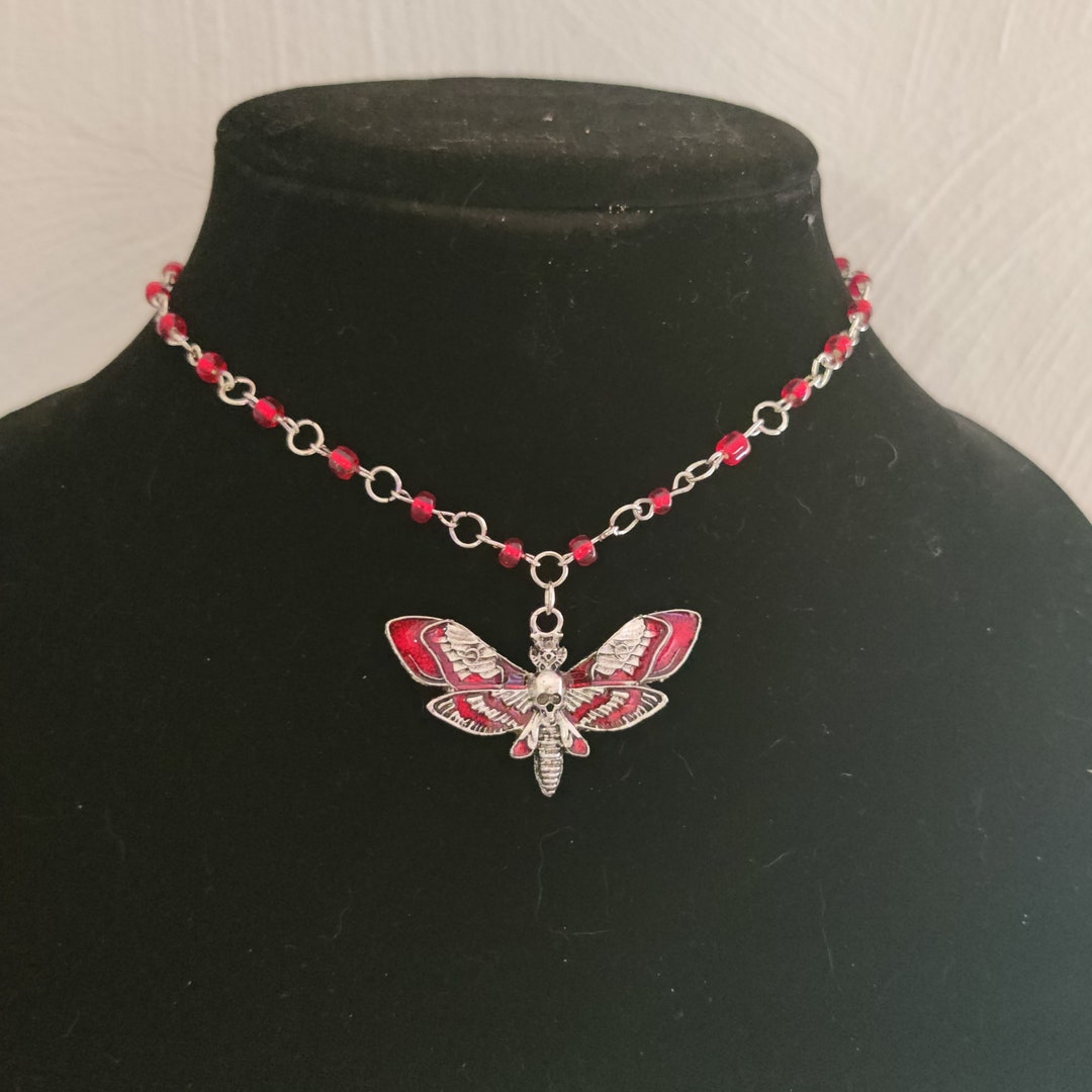 Gothic Red Beaded Necklace Goth Death Moth Necklace Goth Choker - Etsy