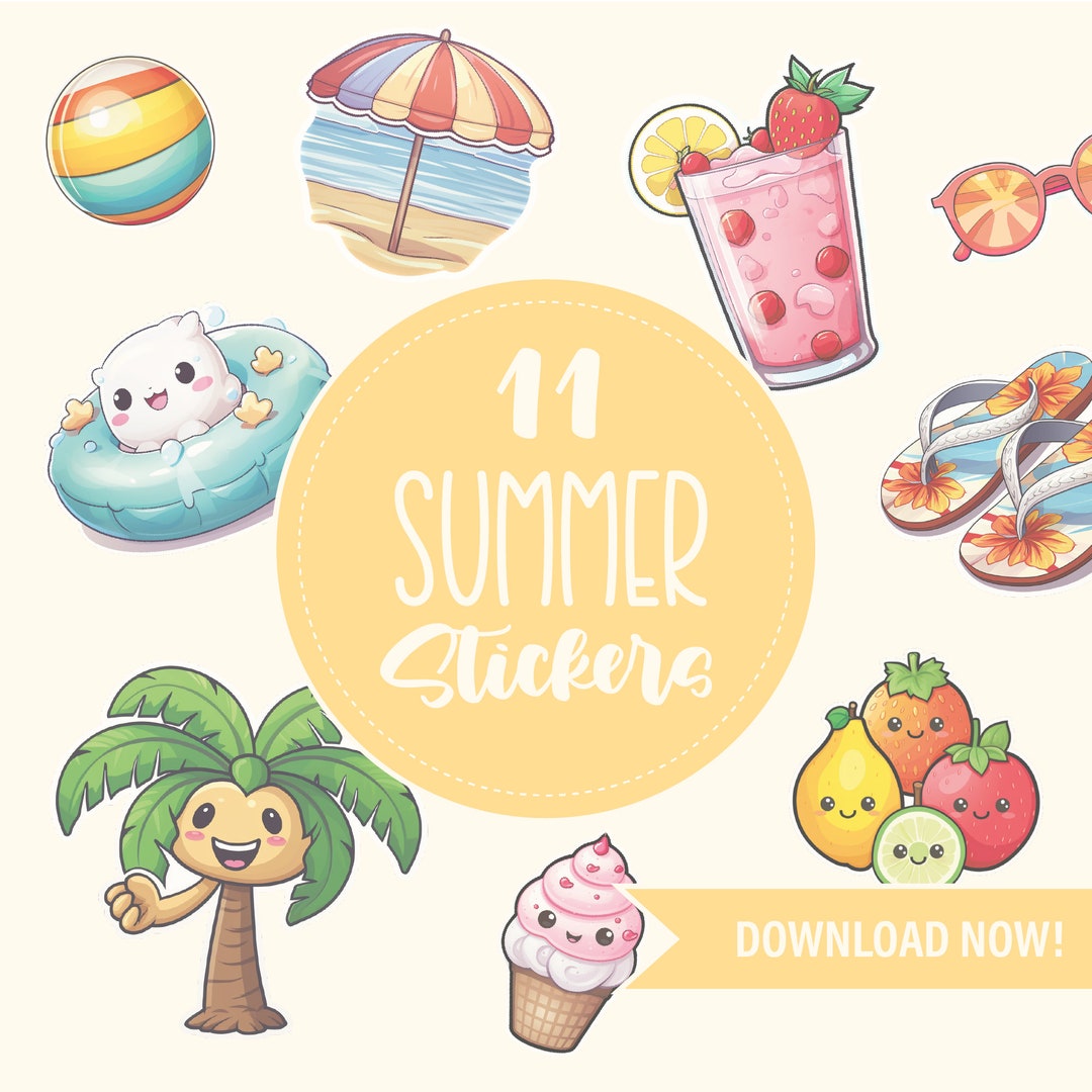 SUMMER Themed Digital Stickers Printables Colors Beach Sun Surfing ...