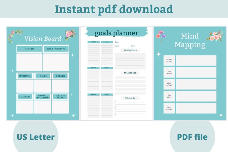 Printable Vision Board Template | Goals Planner, Mind Mapping (PDF ...