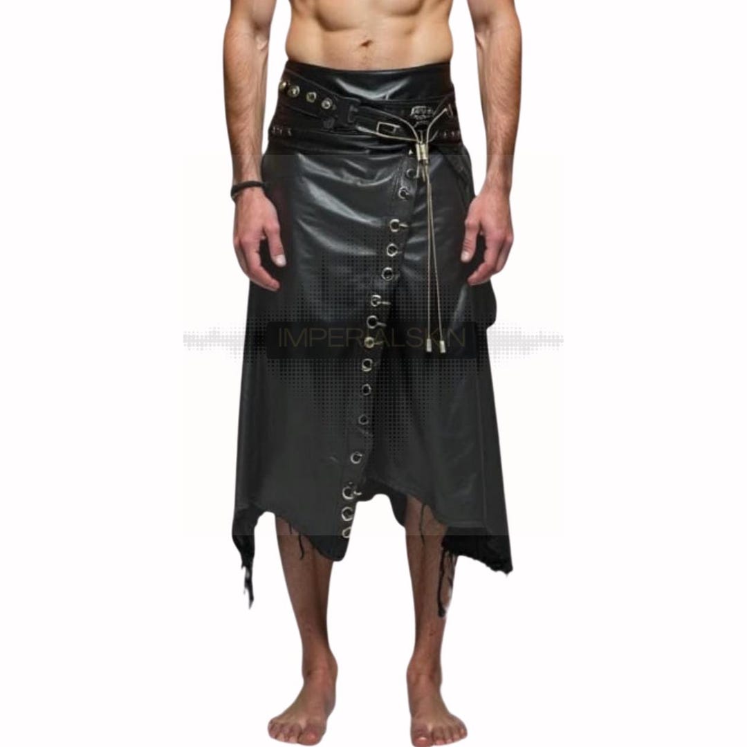 Handcrafted Men's Black Leather Kilt With Fringe Hem - Gothic Leather ...