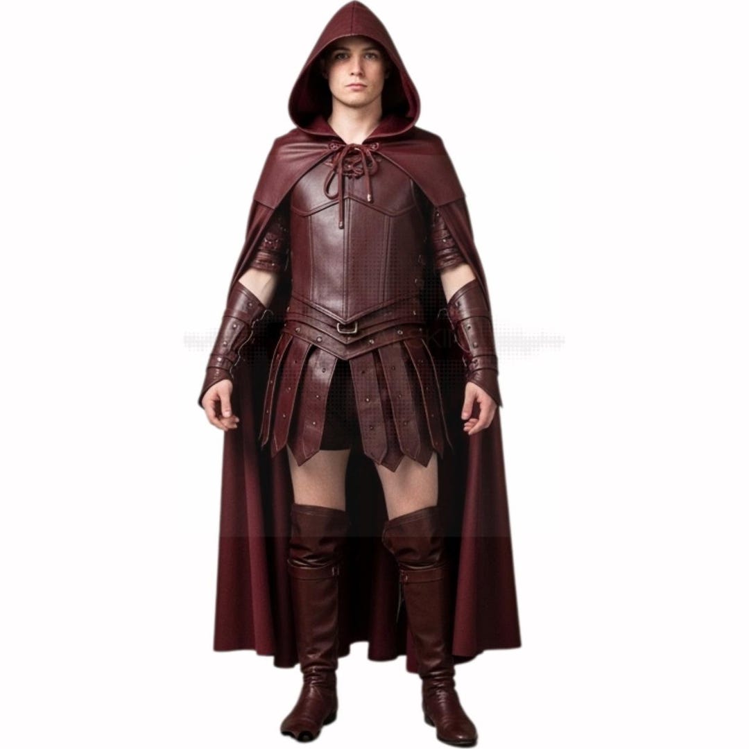 Maroon Leather Medieval Costume | Hooded Fantasy Armor Set - Etsy