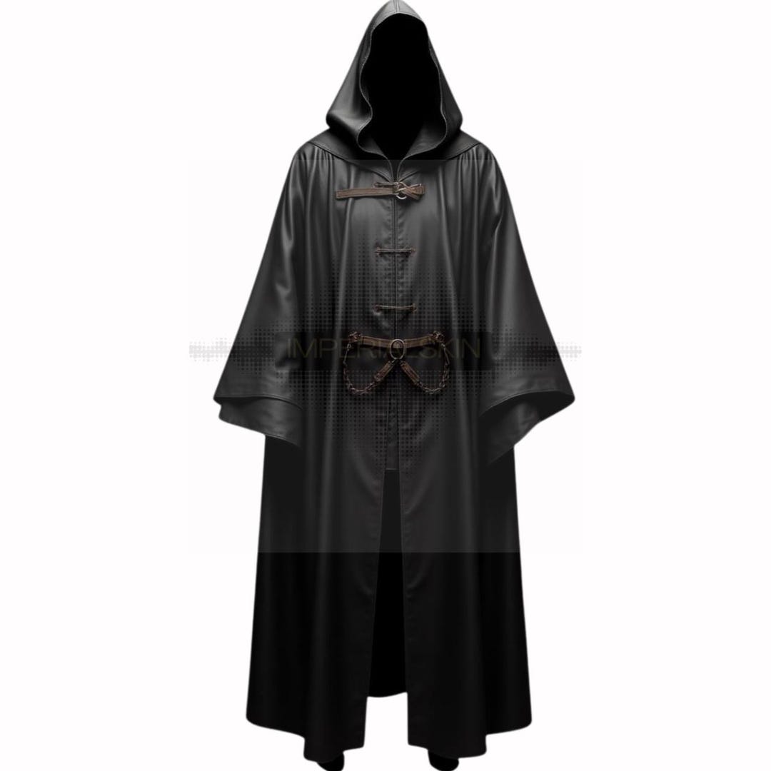 Black Hooded Leather Cloak – Floor-length Design With Buckled Chest ...