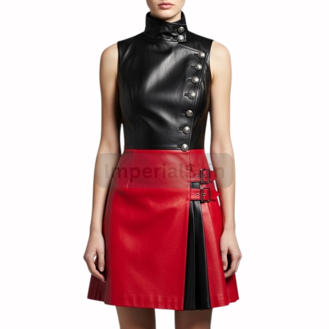 Black & Red Leather Dress – Edgy Military Style Cosplay Outfit for ...