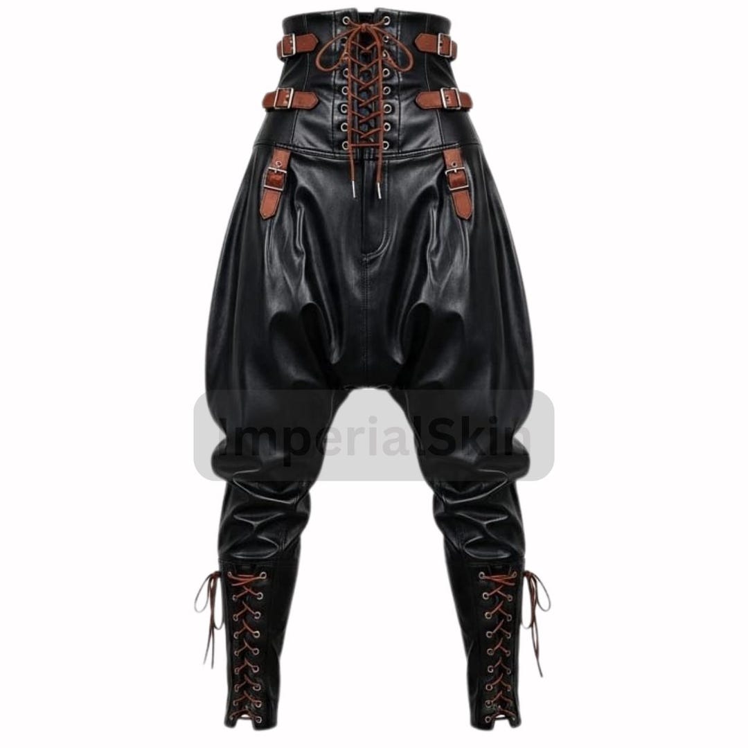 Cosplay Black Corset Lace-up Leather Pants- Fantasy Pants With Brown ...