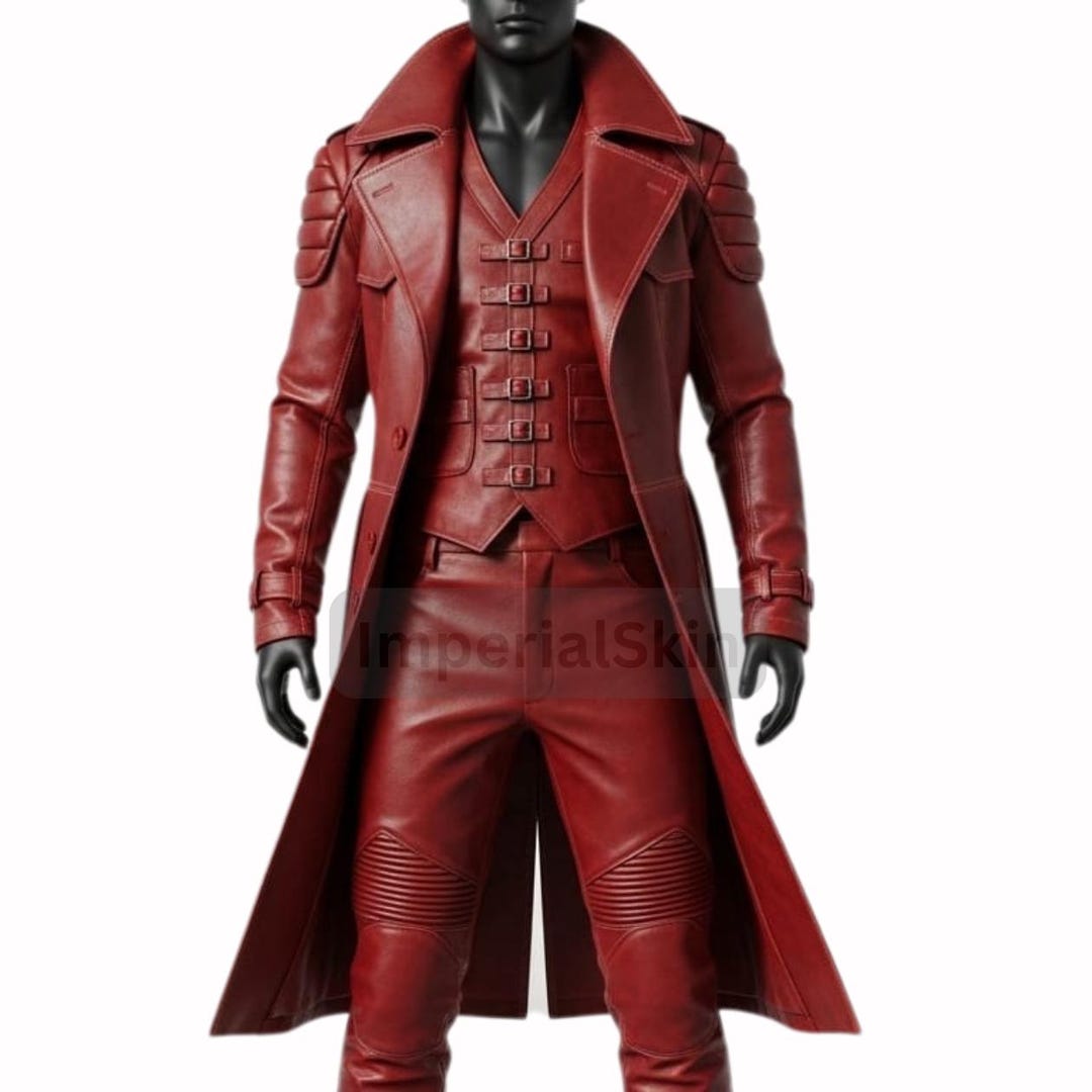 Avant-garde Red Leather Cosplay Trench Coat N Pants With Ribbed Pants ...