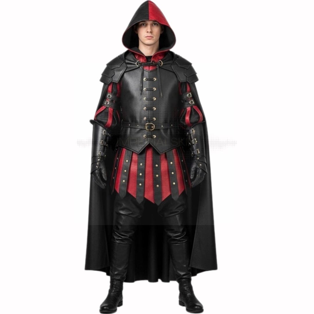 Red and Metal Trim Medieval Cloak Set- Regal Black Cloak With Warrior ...