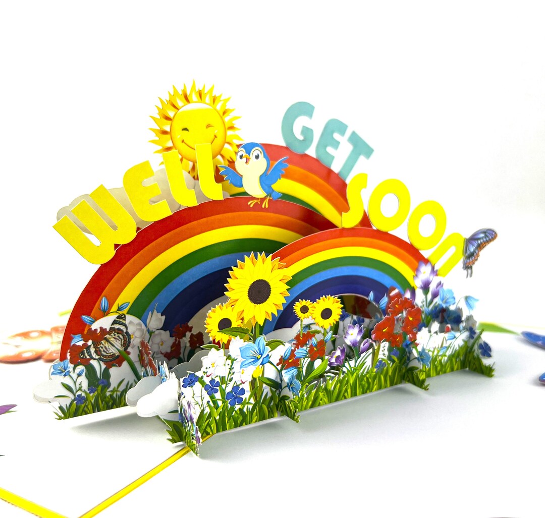 Handmade 3D Pop up Card Get Well Soon Sun Butterfly Rainbow Flower ...