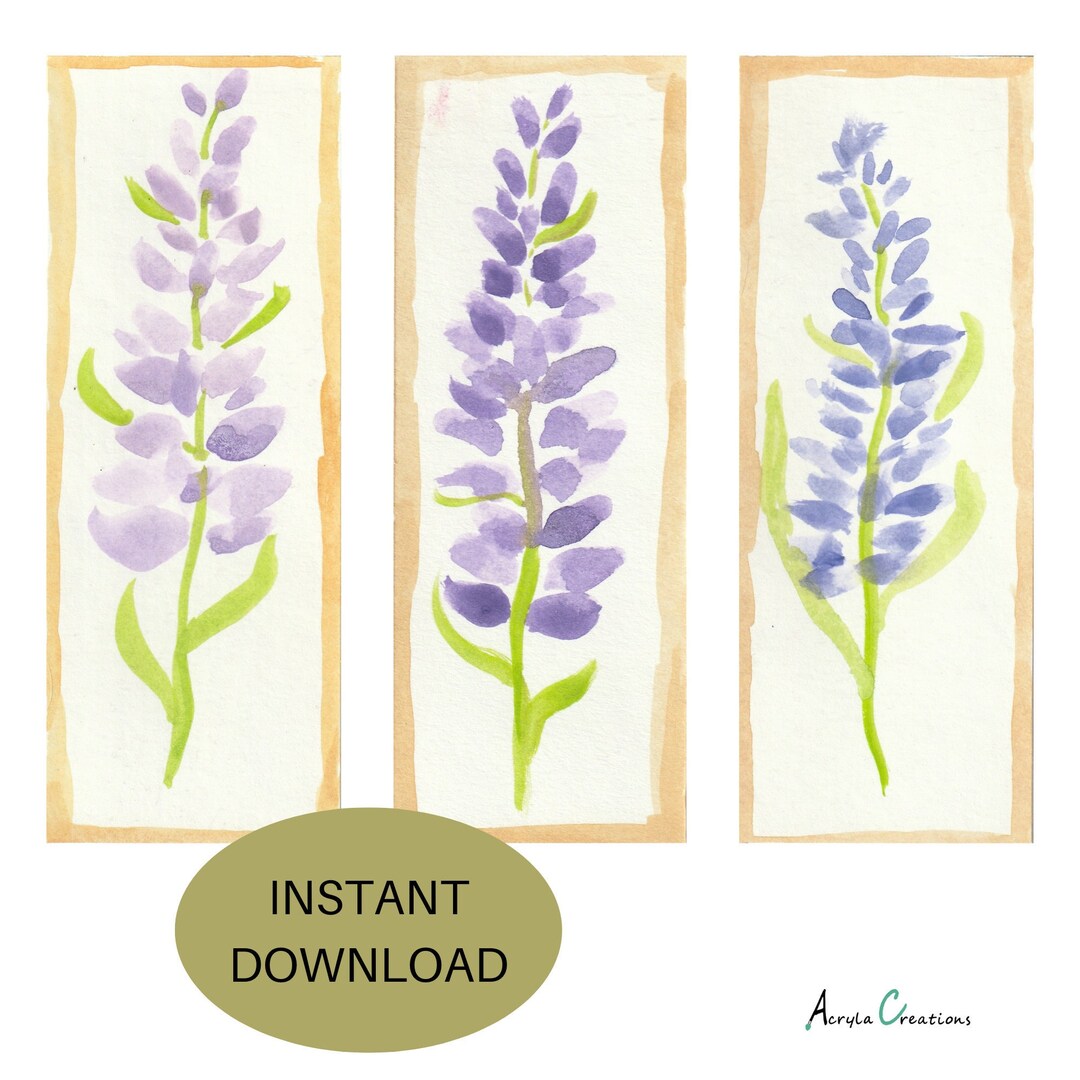 Lavender Bookmarks, Printable Bookmark, Downloadable Files, Watercolor ...