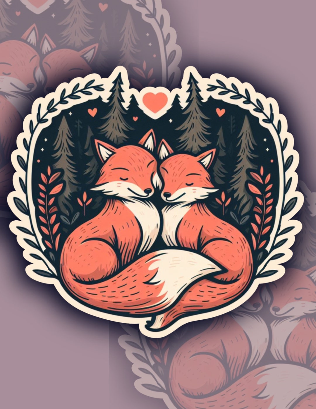 Fox Love Nest, Cuddling Fox Couple Sticker, Cute Foxes Cuddling in the ...