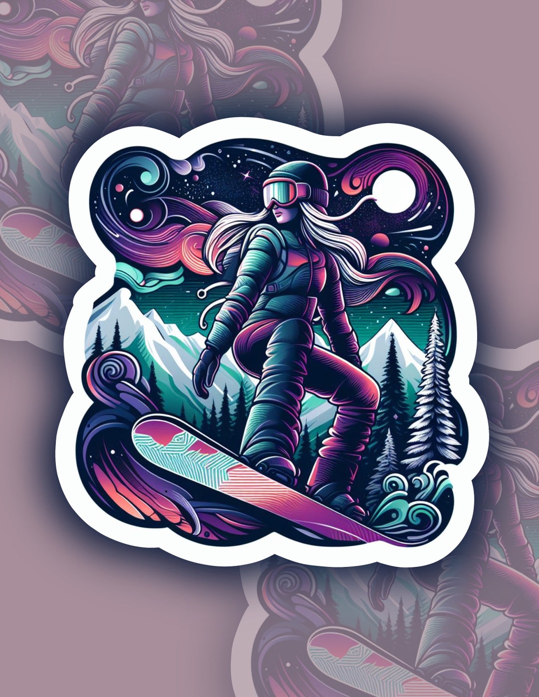 Woman Snowboarding Vinyl Sticker: Abstract Celestial Mountains Scene - Etsy