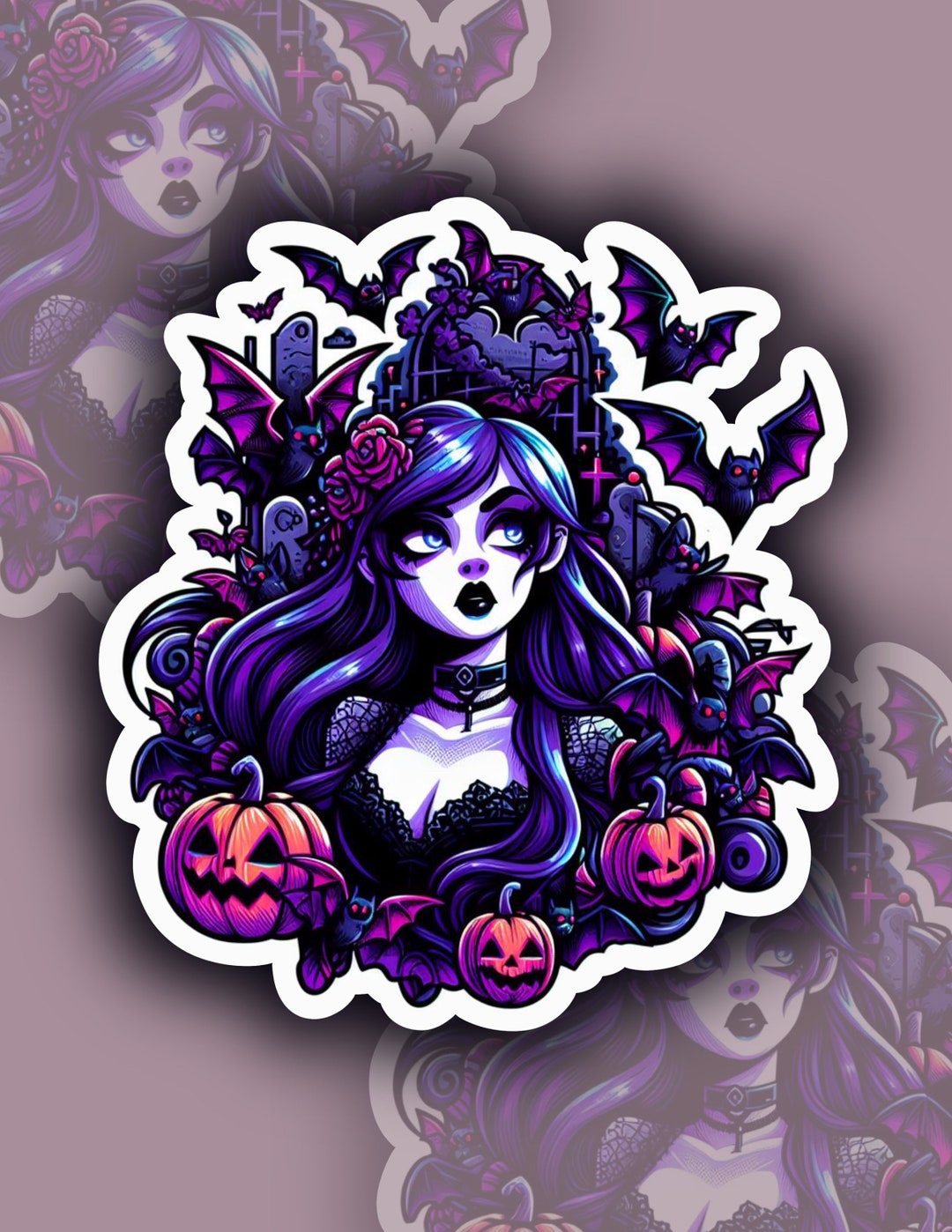Goth Girl Vampire Vinyl Sticker: Spooky Halloween Pumpkins & Bats - Etsy