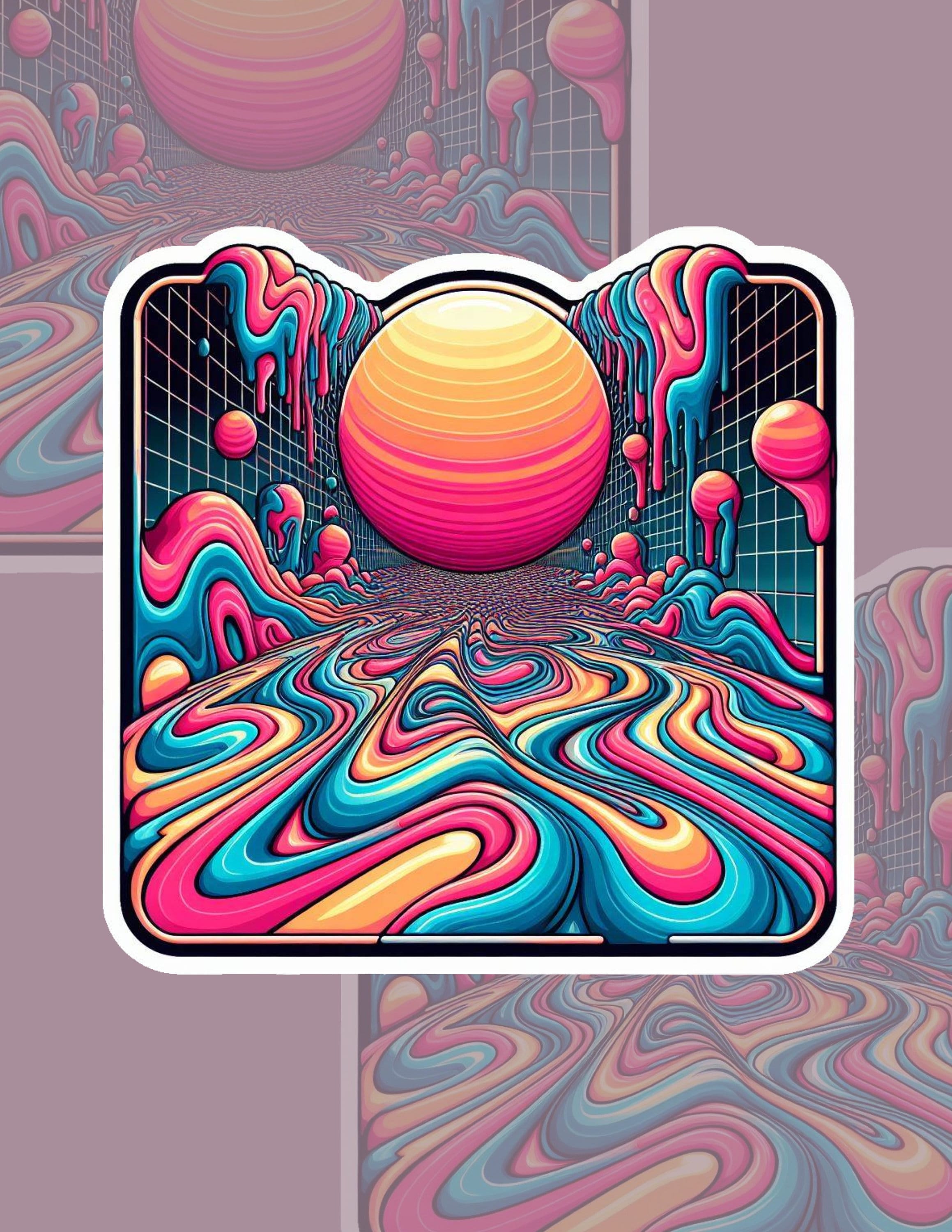 Psychedelic Wavy Melty Square Sticker, Vivid Colored Orb and Waves ...