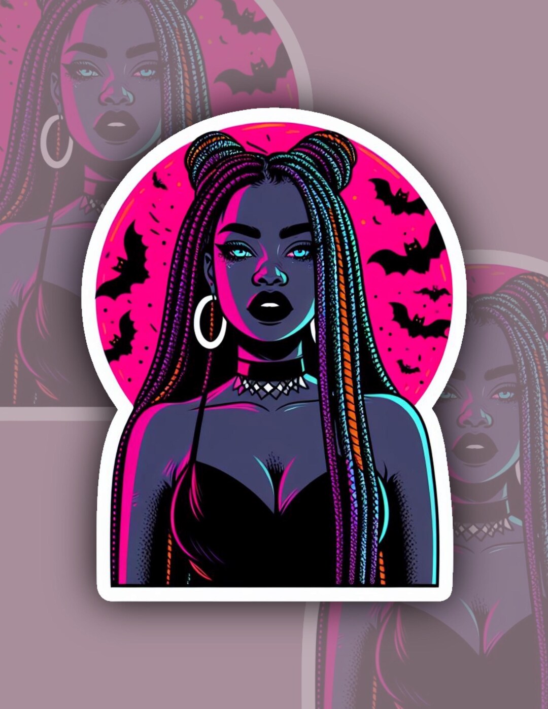 Vampire Black Woman Sticker – Dreadlocks and Neon Aesthetic, Hot Pink ...