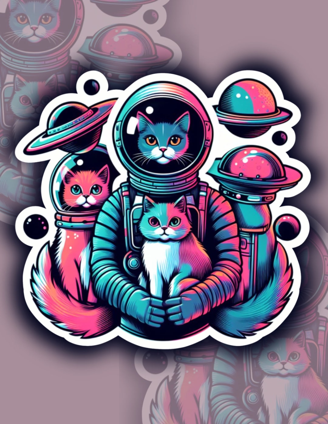 Celestial Cat Crew, Pink & Blue Space Cat Cuddle Sticker, Cat Astronaut ...