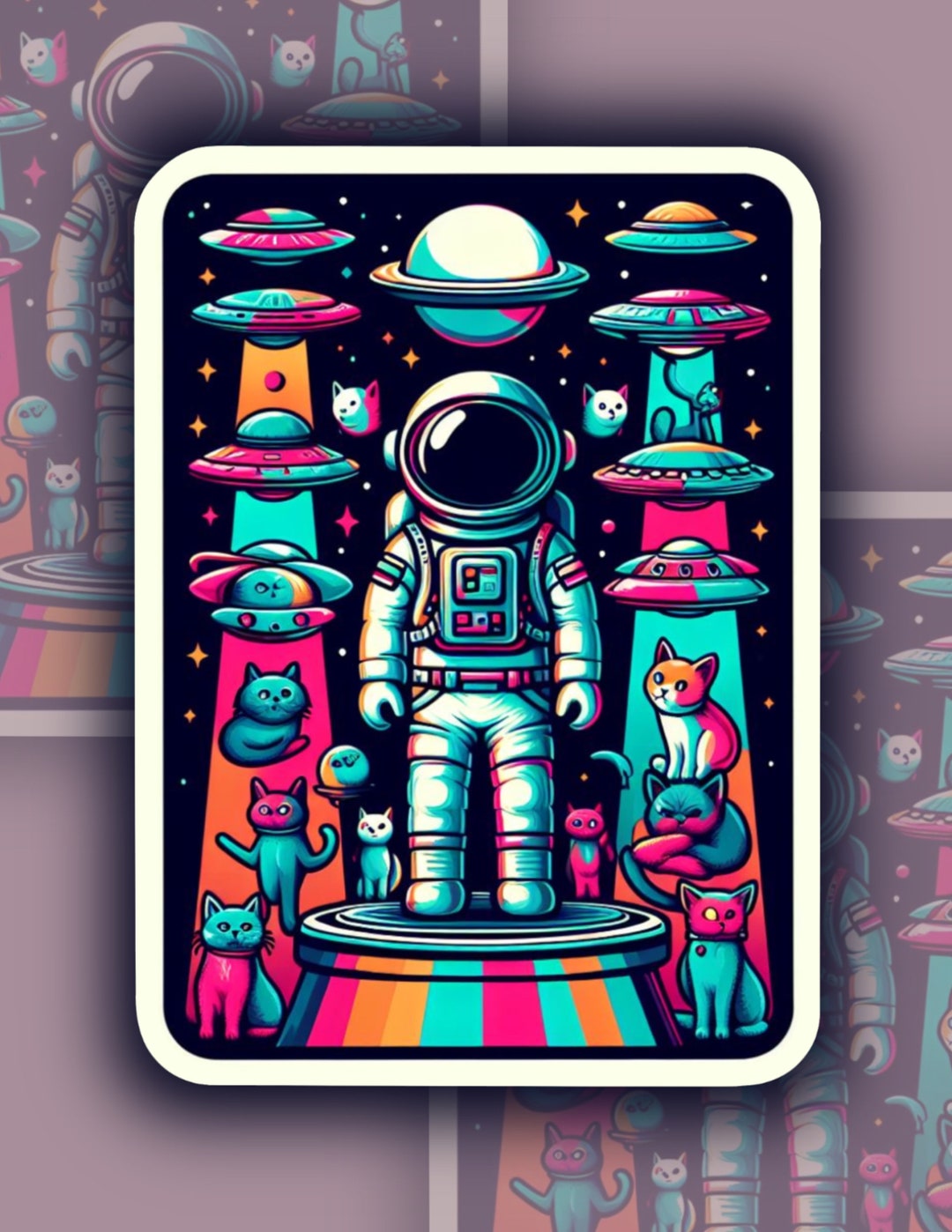 Cosmic Cat Invasion, UFO Cat Card Sticker, Vivid Astronaut With Space ...