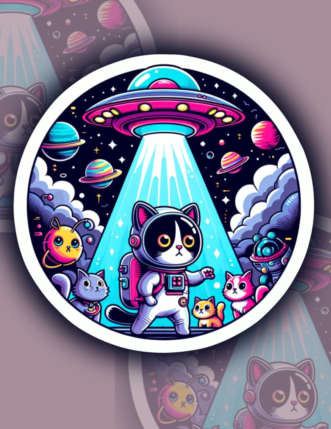 Galactic Cat Dance Party, Astronaut Cat in UFO Tractor Beam Sticker ...