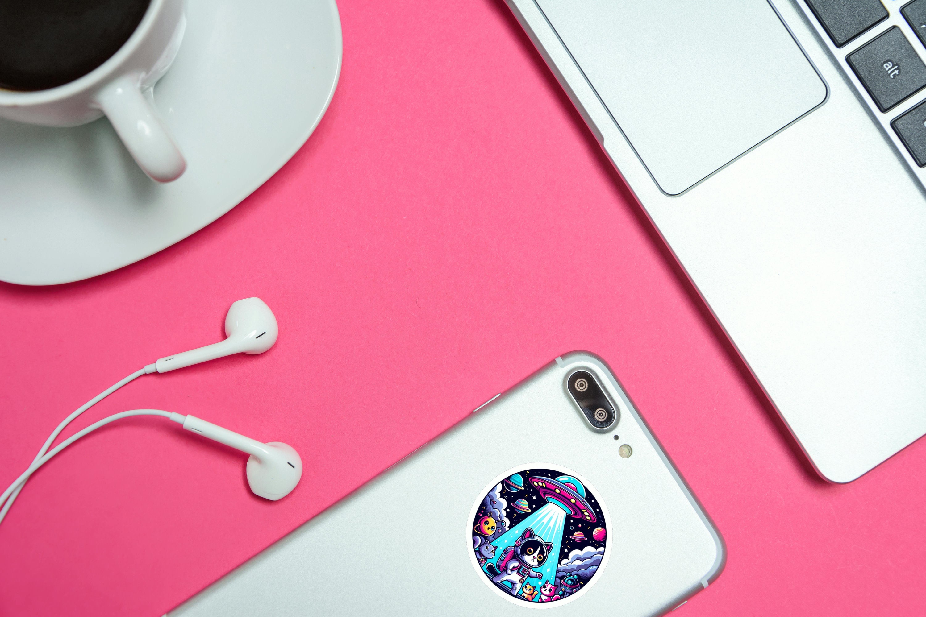 Galactic Cat Dance Party, Astronaut Cat in UFO Tractor Beam Sticker ...