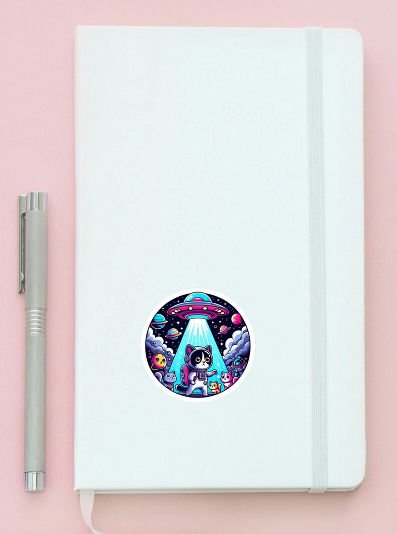 Galactic Cat Dance Party, Astronaut Cat in UFO Tractor Beam Sticker ...