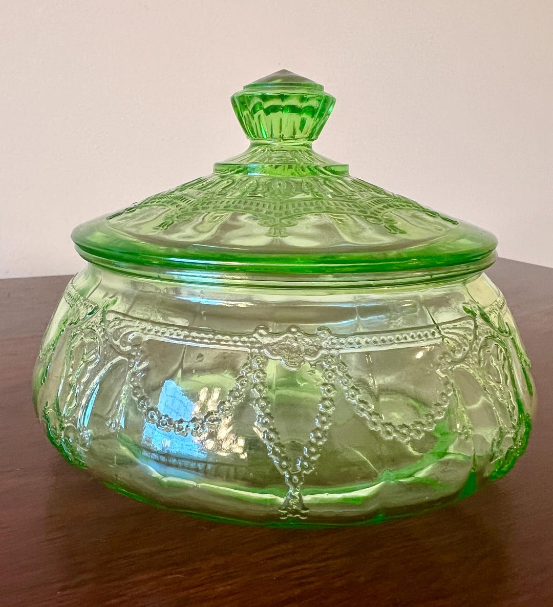 Vintage Anchor Hocking Green Depression Uranium Glass Cameo Ballerina Pattern Lidded Dish 1930s ...