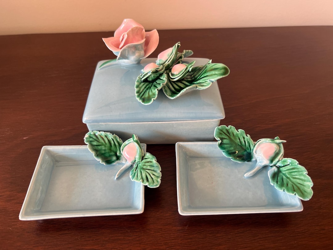 Vintage Ceramic Floral Cigarette Box & Two Trinket Dishes - Blue/pink ...