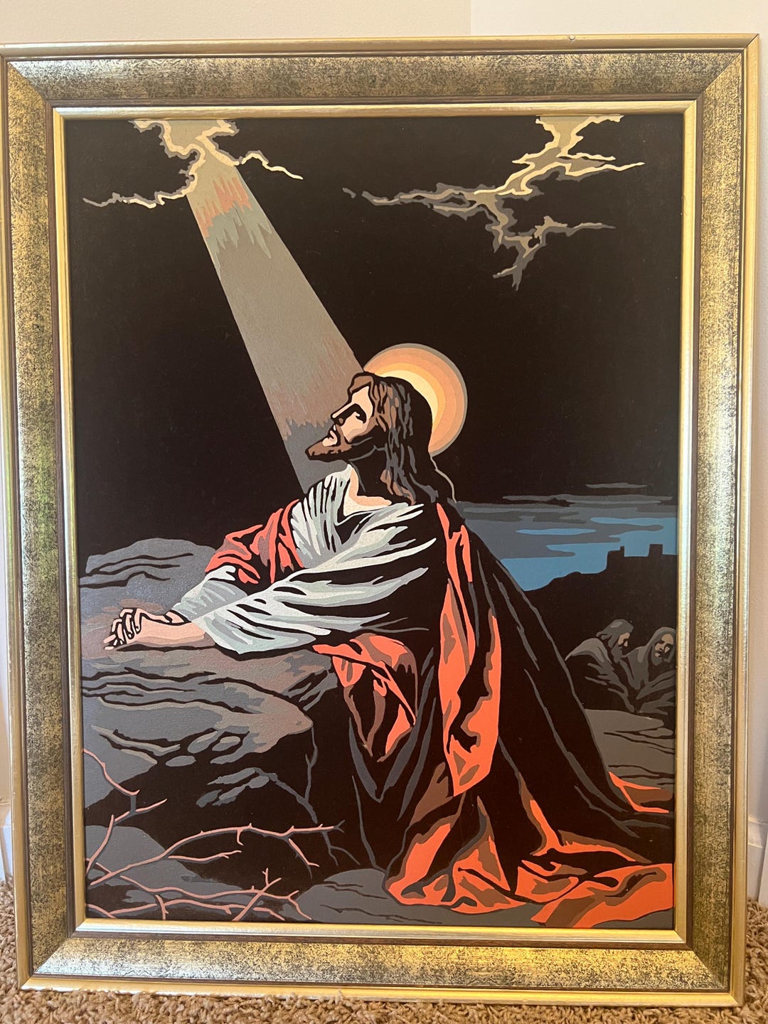 Framed Jesus Christ Kneeling Paint-by-number on Black Velvet - 27" X 21 ...