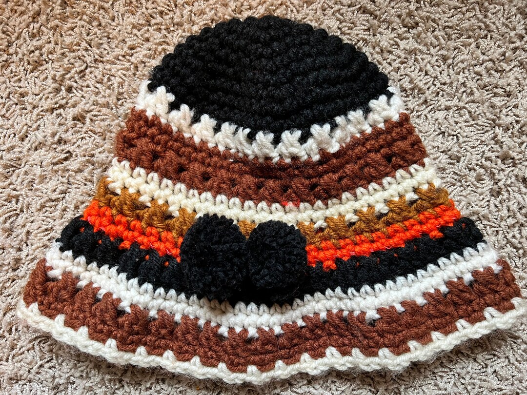 Vintage Hand-knit 1970s Bucket Hat With Pom-pom, Brown/orange/cream ...