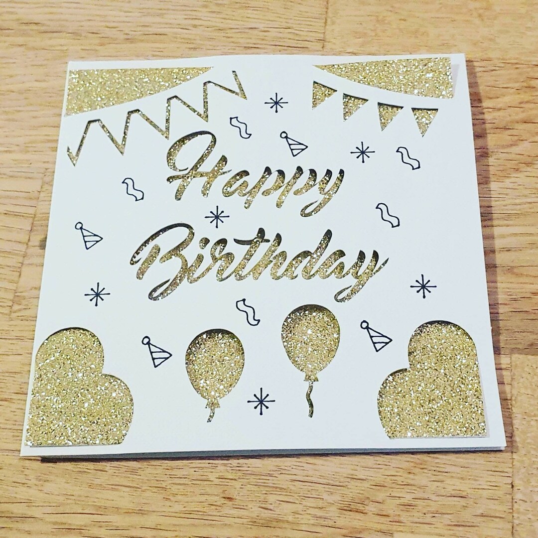 White Birthday Card With Gold Insert Happy Birthday and Balloons. - Etsy