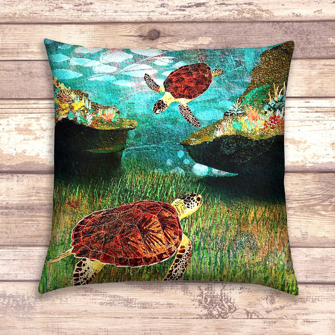 Sea Turtle VELVET ART CUSHION, Green Turtles Sofa Cushion, Sea Life ...