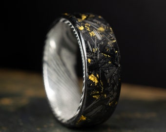 Polished Copper Chopped Carbon Fiber Lined With Damascus Steel. Forged Carbon Fiber. Men's Black ...