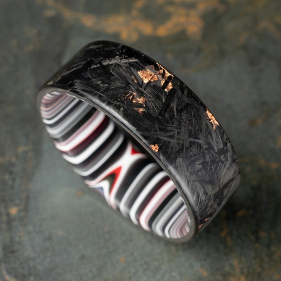 Men s Wedding Band Copper Chopped Carbon Fiber Lined With Crosscut Fordite. Matte Finish Carbon Fiber. Men s Black Wedding Ring. Etsy