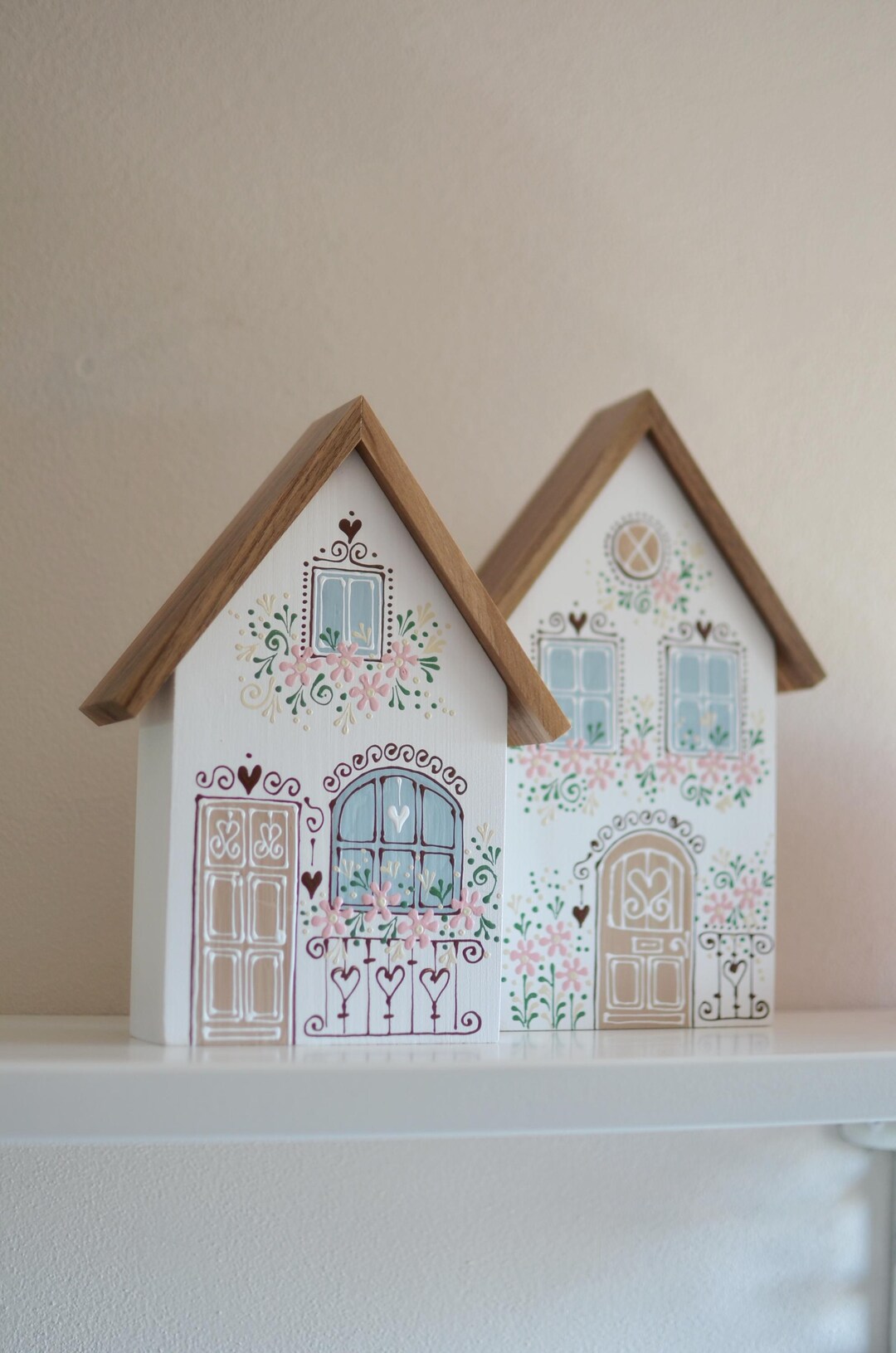 Wooden Tiny House,set of Two Houses, Handpainted Wooden House, Romantic ...