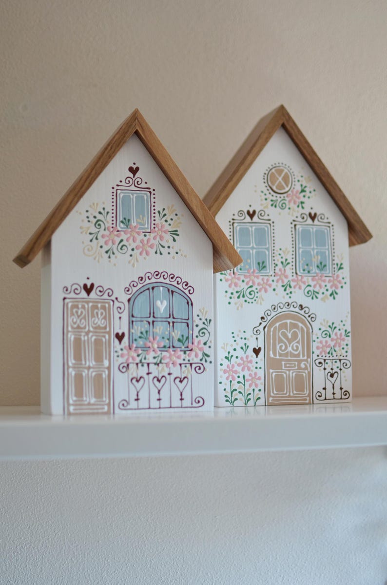 Wooden Tiny House,set of Two Houses, Handpainted Wooden House, Romantic ...