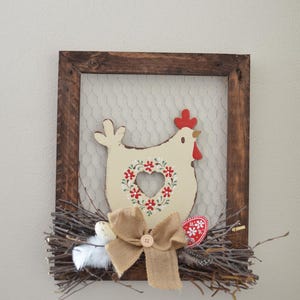 Easter Picture With Hen, Wood Decoration, Season Handmade Painting ...