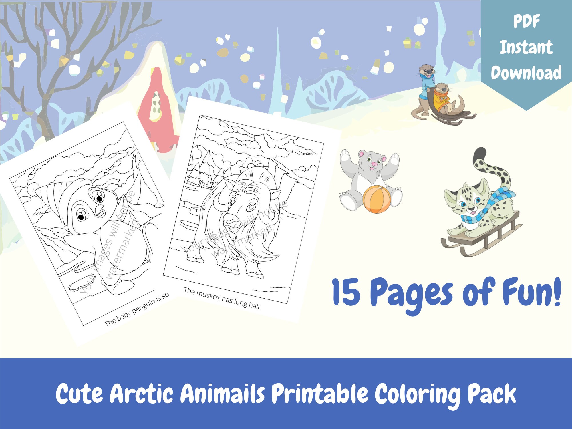 Arctic Animals Cute Coloring Pages for Kids, Printable PDF, Winter ...