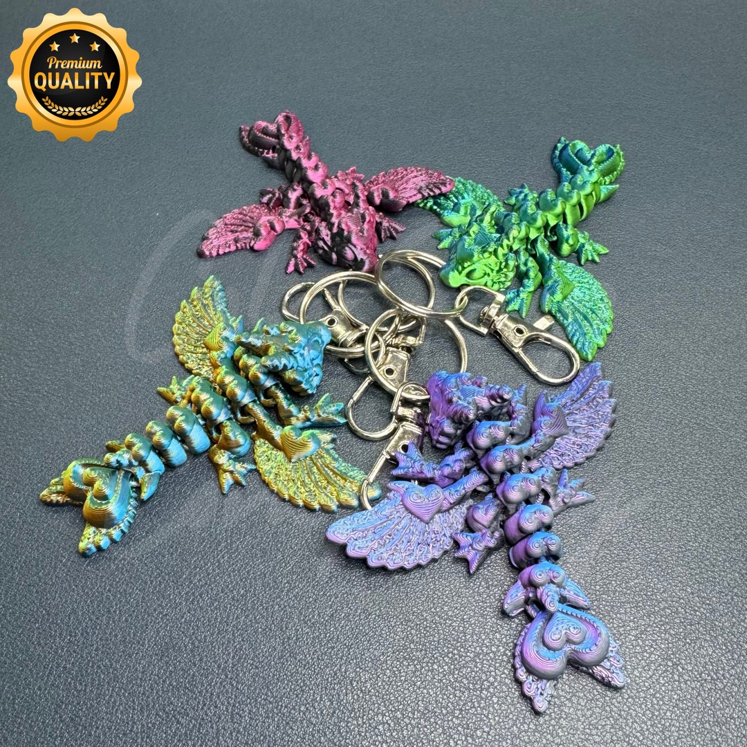 3D Printed Articulated Mini Heart Dragon Keychain, Dragon With Wings ...