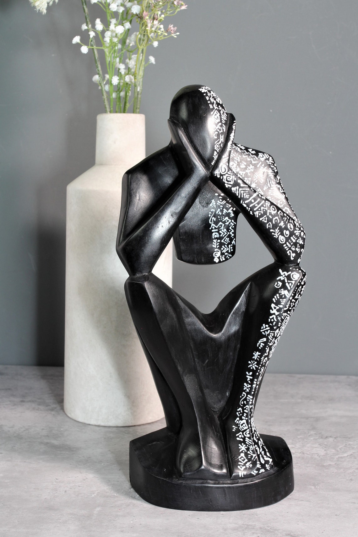 Abstract Thinking Man Hand Carved From Wood Black With White - Etsy UK