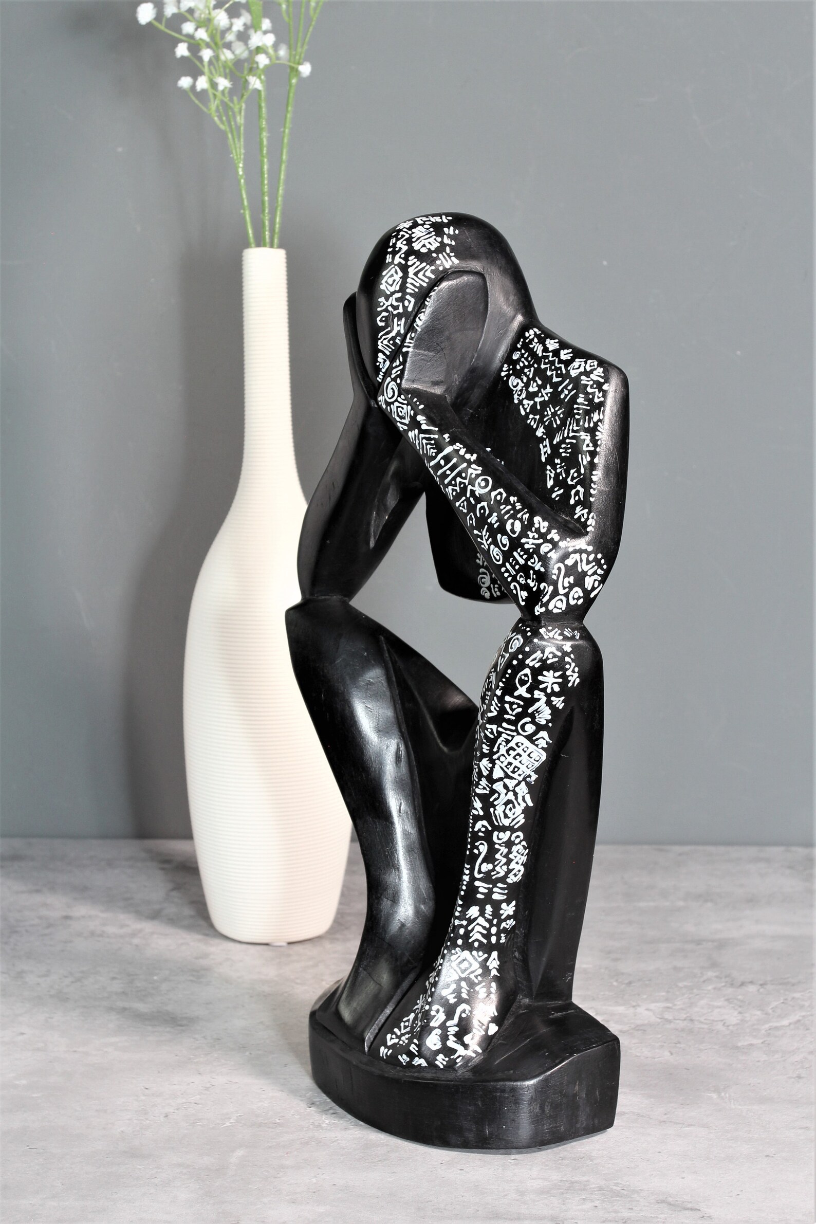 Abstract Thinking Man Hand Carved From Wood Black With White - Etsy UK