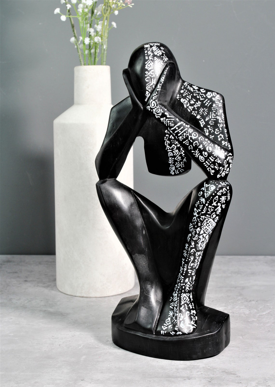 Abstract Thinking Man Hand Carved From Wood Black With White - Etsy UK