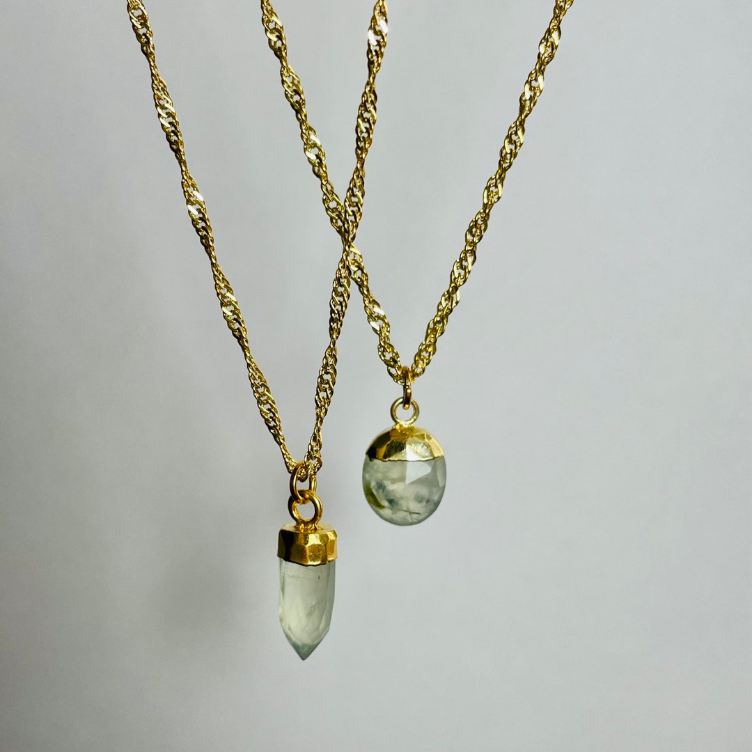 Prehnite 24k Gold-plated Crystal Spike Dainty Necklace, Prehnite Oval ...
