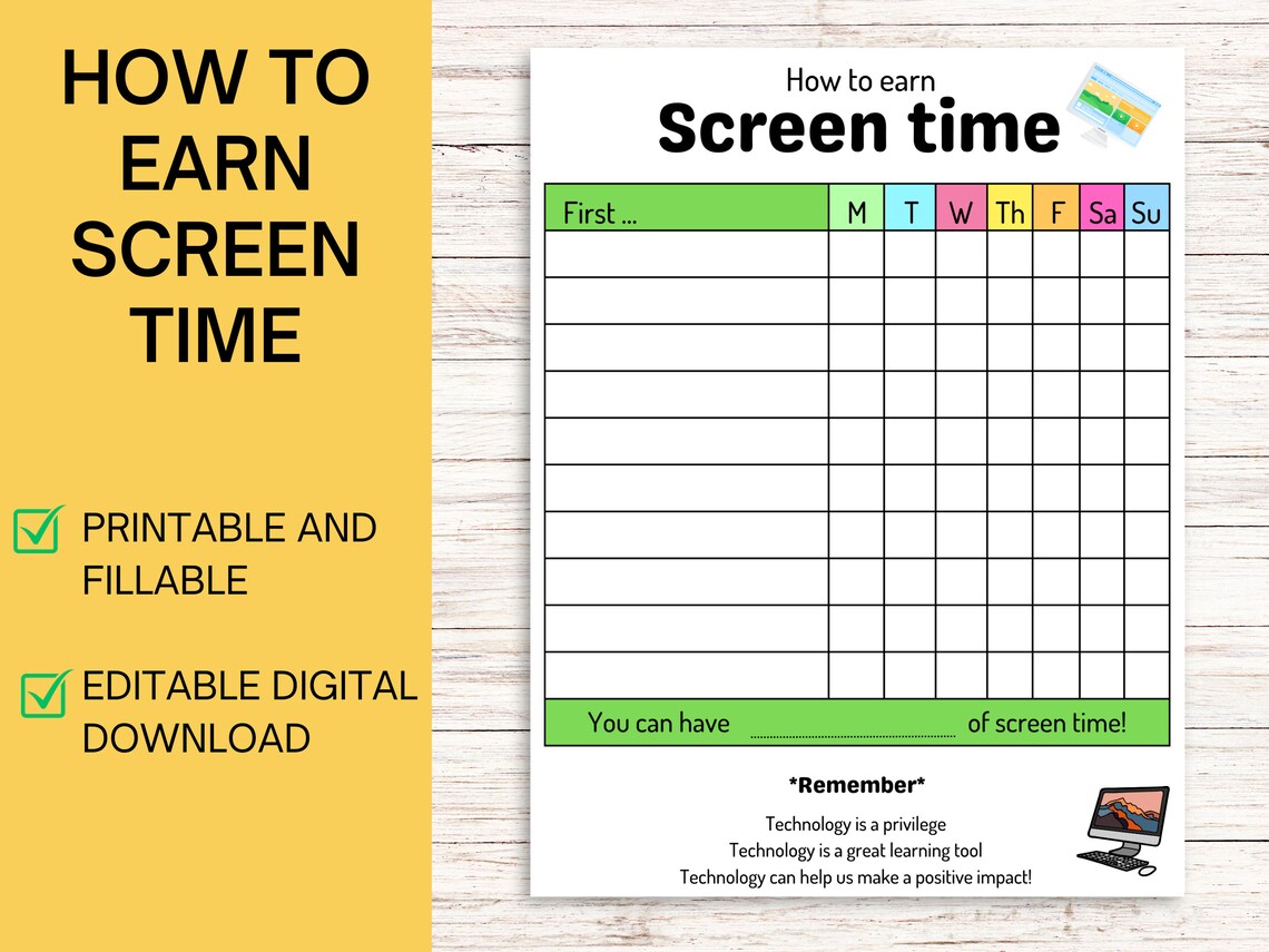 Screen Time Chart Checklist Editable Printable Screen Time - Etsy