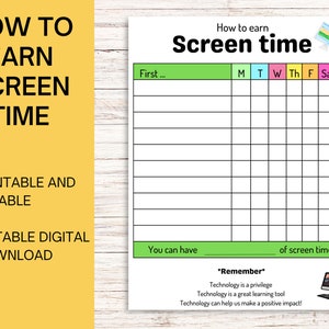 Screen Time Chart Checklist, Editable Printable Screen Time Chore Chart ...