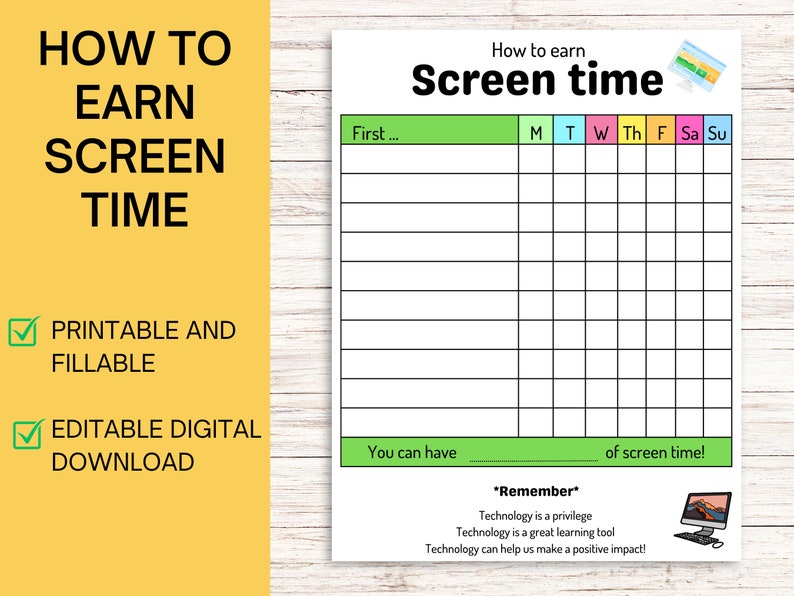 Screen Time Chart Checklist Editable Printable Screen Time - Etsy