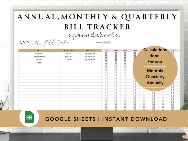 Annual and Monthly Bill Tracker Spreadsheet for Google Sheets. Q1, Q2 ...
