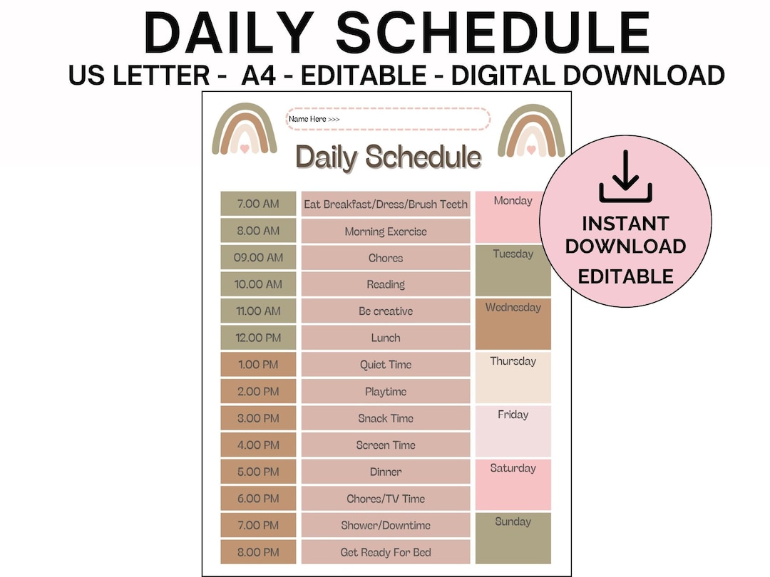 Daily Schedule, Daily Routine - Editable PDF, Daily Routine Template - Etsy